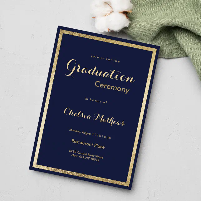 Elegant stylish navy blue faux gold Graduation Invitation | Zazzle