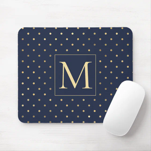 Elegant Stylish Navy Blue Gold Polka Dots Monogram Mouse Pad | Zazzle