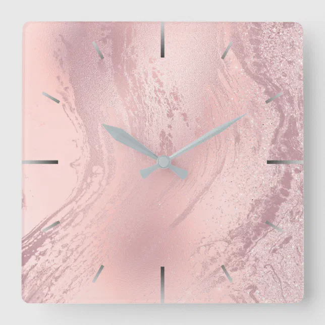 Elegant stylish pink rose gold glitter marble square wall clock | Zazzle