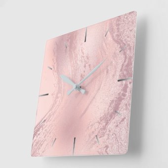 Elegant stylish pink rose gold glitter marble square wall clock | Zazzle