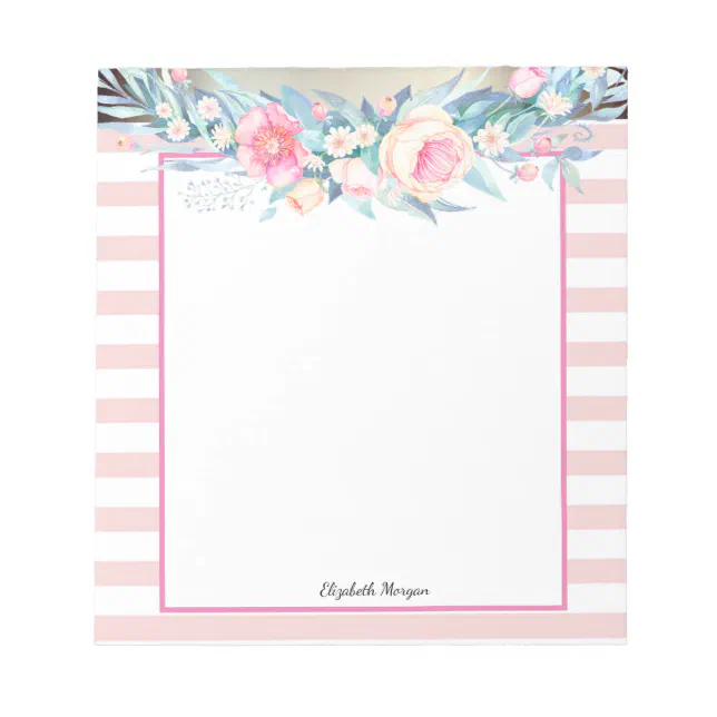 Elegant Stylish Pink Stripes,Watercolor Flowers Notepad | Zazzle