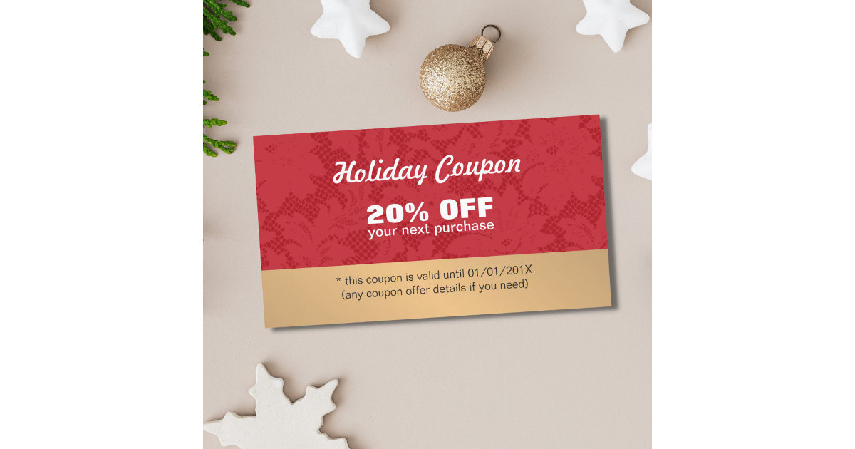 Elegant Stylish Red Lace Gold Holiday Coupon | Zazzle