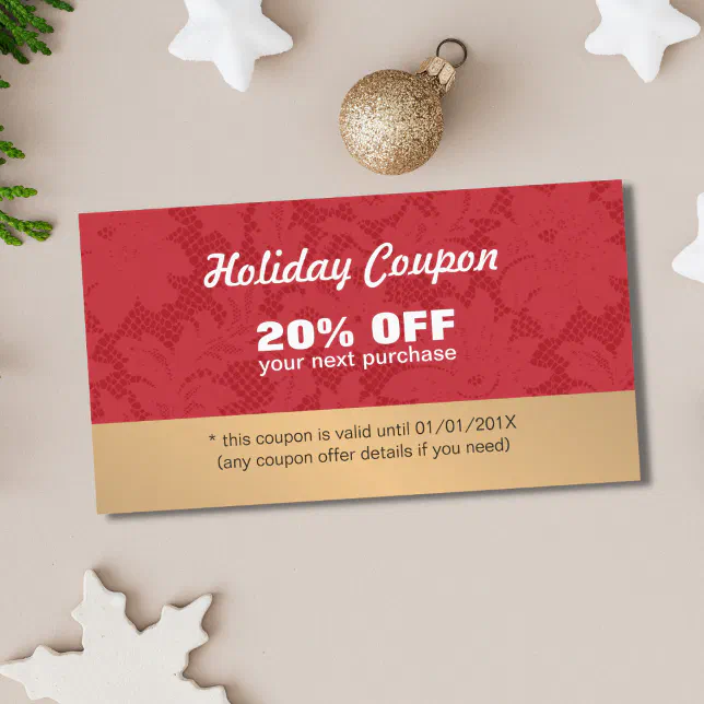 Elegant Stylish Red Lace Gold Holiday Coupon | Zazzle