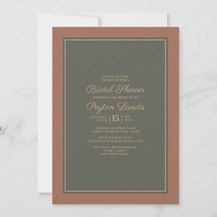 Elegant Stylish Rust Moss Green Autumn Bridal Invitation | Zazzle