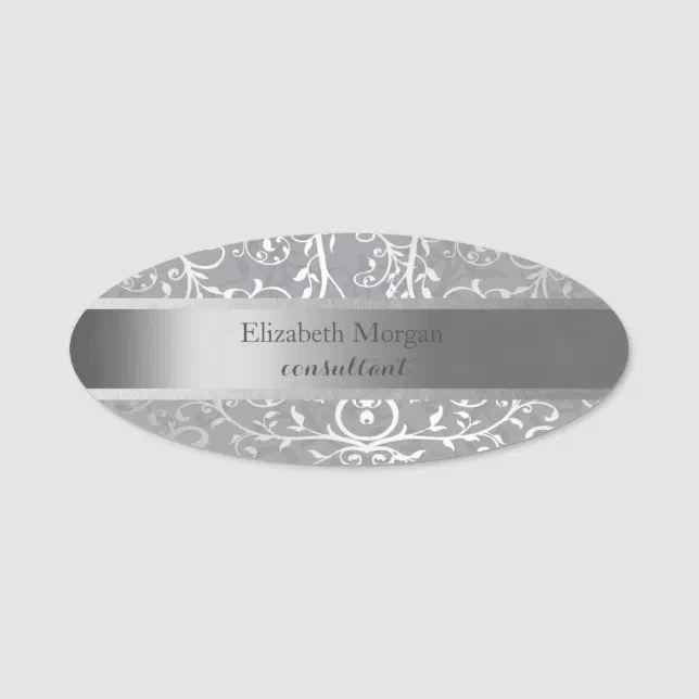 Elegant Stylish Silver Stripe, Swirls Name Tag | Zazzle