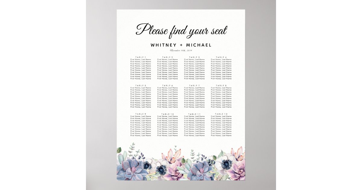 Elegant Succulent Floral Wedding Seating Chart | Zazzle