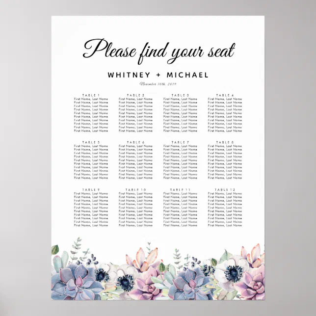 Elegant Succulent Floral Wedding Seating Chart | Zazzle