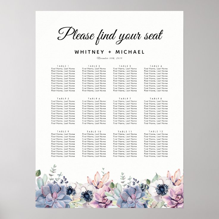 Elegant Succulent Floral Wedding Seating Chart | Zazzle