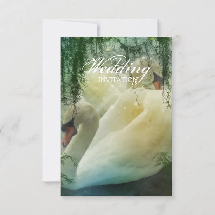 elegant summer lake white swan wedding invitation | Zazzle