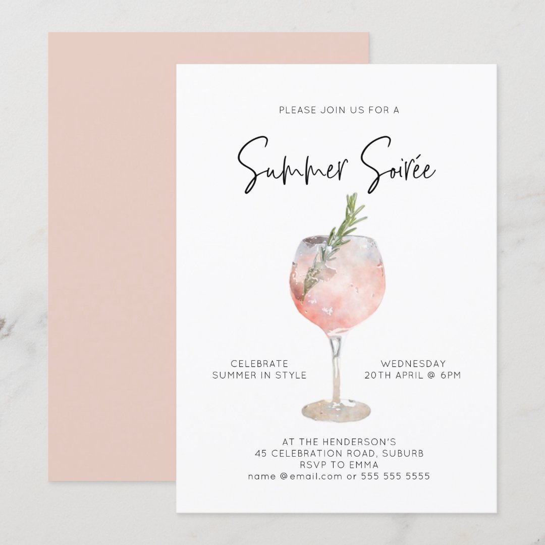 Elegant Summer Soiree Drinks Cocktail Party Pink Invitation | Zazzle