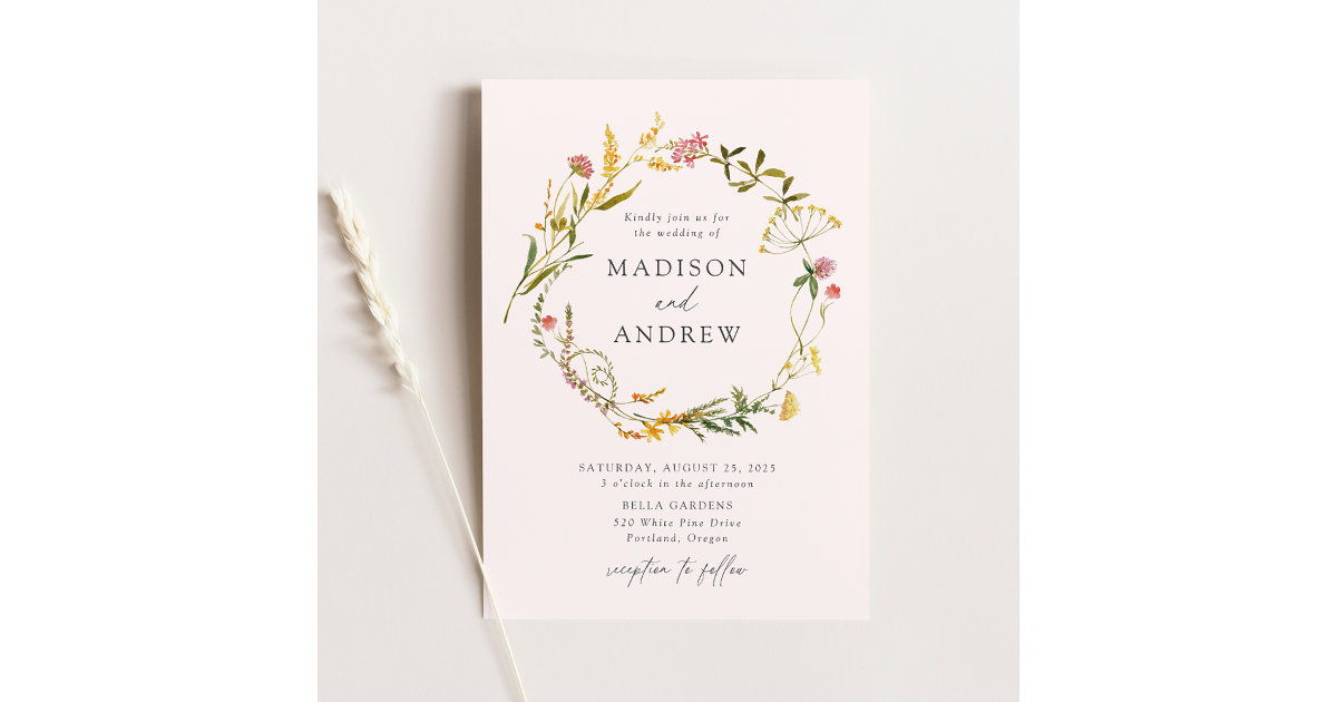 Elegant Summer Wildflower Wreath Blush Wedding Invitation | Zazzle