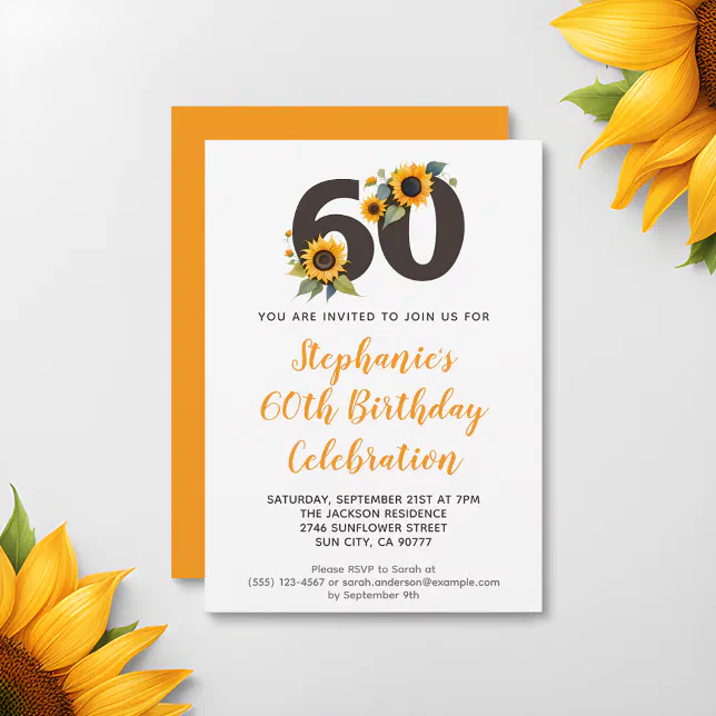 Elegant Sunflower 60th Birthday Invitation | Zazzle