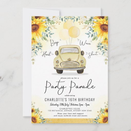 Elegant Sunflower Drive Thru Birthday Party Parade Invitation | Zazzle