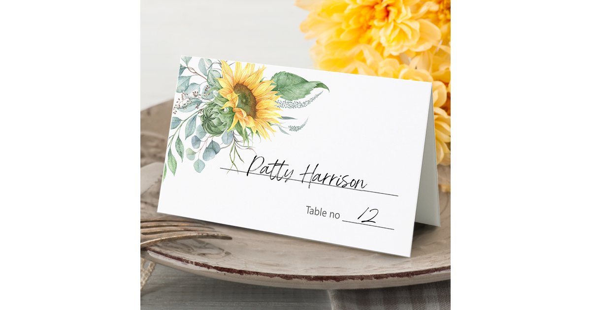 Elegant Sunflower Eucalyptus Greenery Place Card | Zazzle