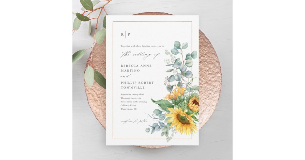 Elegant Sunflower Eucalyptus Watercolor Wedding Invitation | Zazzle