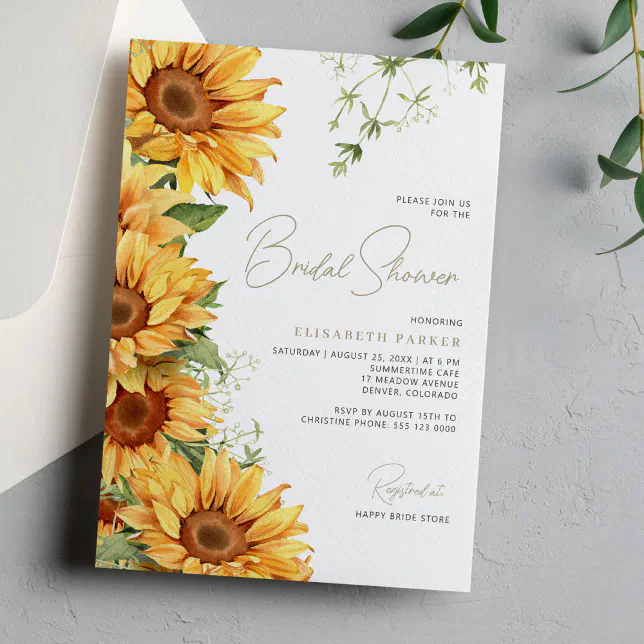 Elegant sunflower floral greenery bridal shower invitation | Zazzle