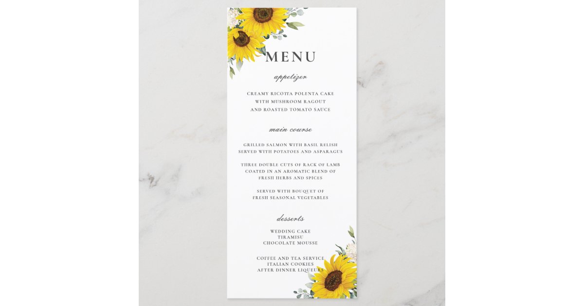 Elegant Sunflower Floral Greenery Wedding Menu | Zazzle