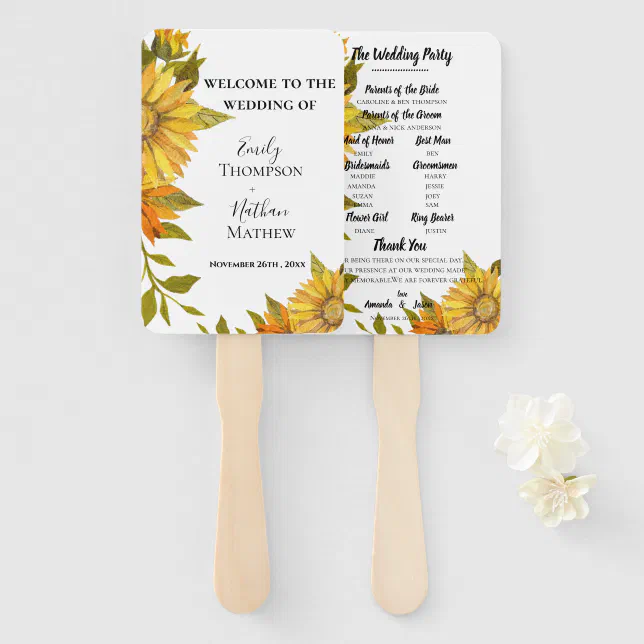 Elegant Sunflower Floral Wedding Program Hand Fan | Zazzle
