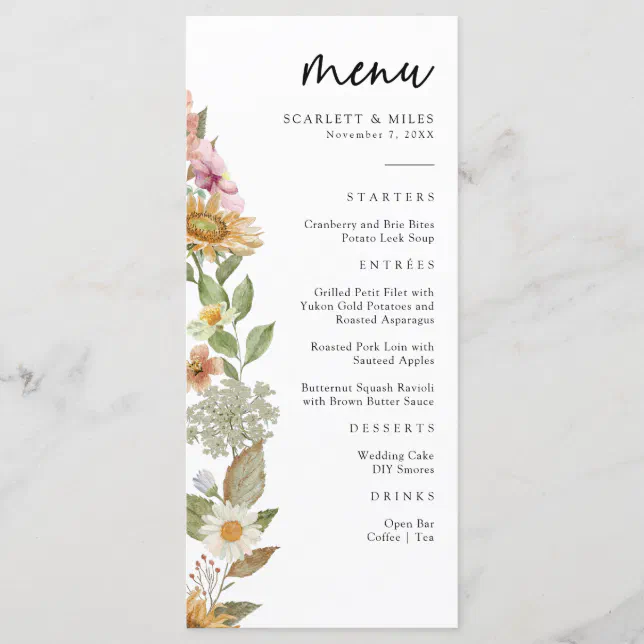 Elegant Sunflower Menu | Zazzle