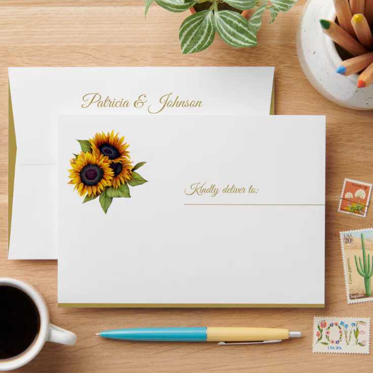 Elegant sunflower modern rustic wedding envelope | Zazzle