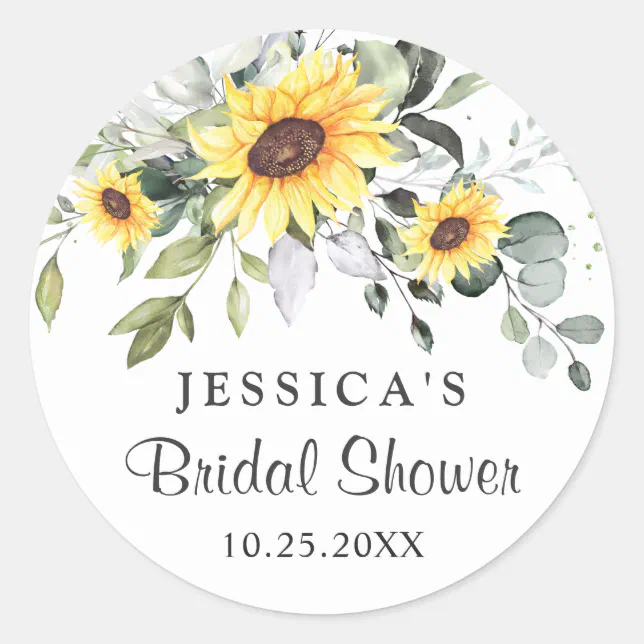 Elegant Sunflowers Eucalyptus Bridal Shower Classic Round Sticker | Zazzle