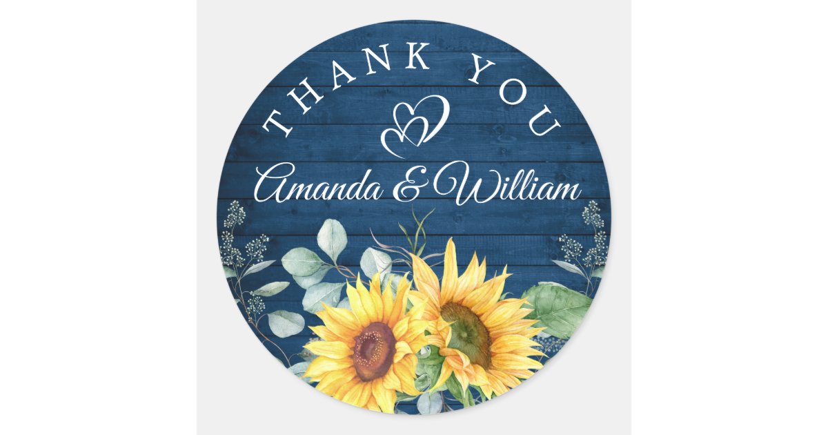 Elegant Sunflowers Eucalyptus Rustic Wood Wedding Classic Round Sticker ...