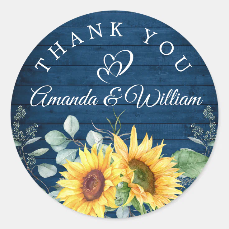 Elegant Sunflowers Eucalyptus Rustic Wood Wedding Classic Round Sticker ...