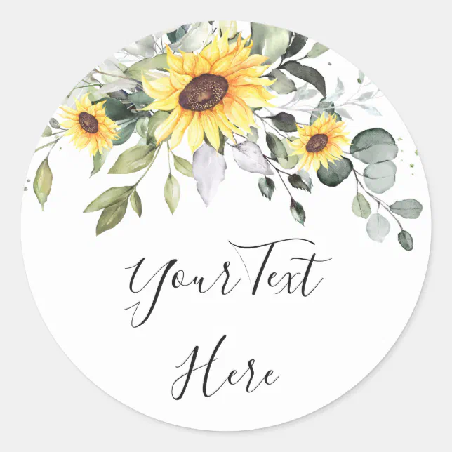 Elegant Sunflowers Eucalyptus Watercolor Foliage Classic Round Sticker ...