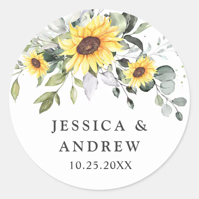 Elegant Sunflowers Eucalyptus Watercolor Wedding Classic Round Sticker ...