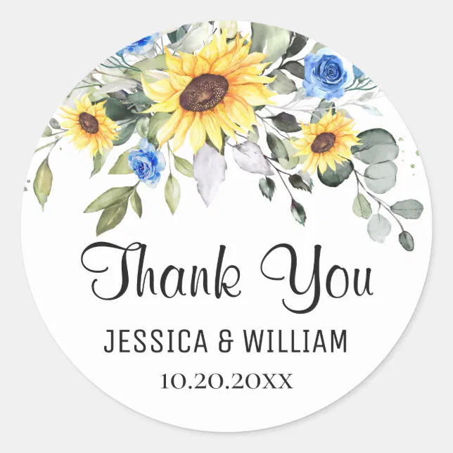 Elegant Sunflowers Eucalyptus Watercolor Wedding Classic Round Sticker ...