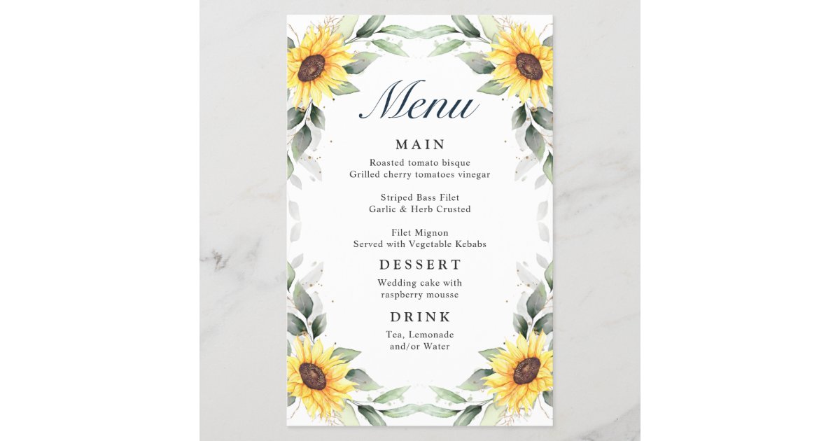 Elegant Sunflowers Greenery Wedding Dinner Menu | Zazzle