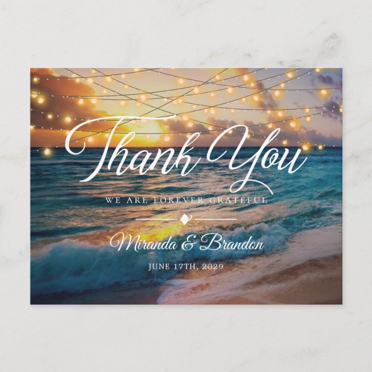 Elegant Sunset Beach Lights Summer Thank You Postcard | Zazzle