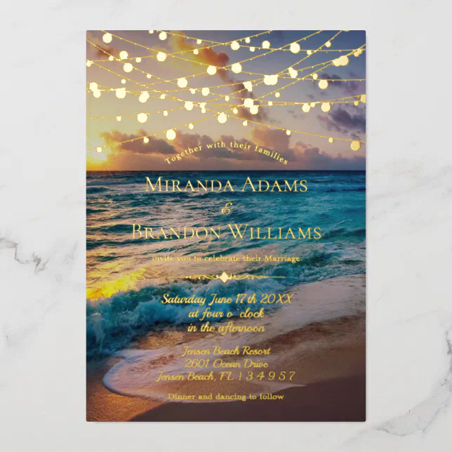 Elegant Sunset Beach String Lights Summer Wedding Foil Invitation | Zazzle