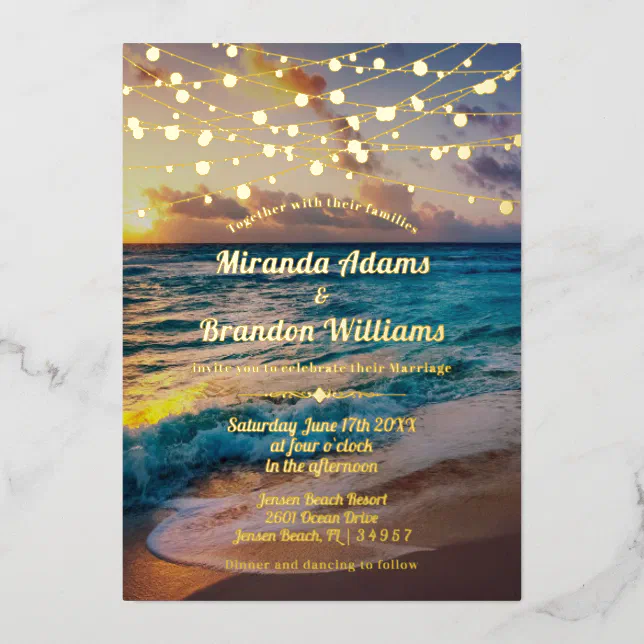 Elegant Sunset Beach String Lights Summer Wedding Foil Invitation | Zazzle