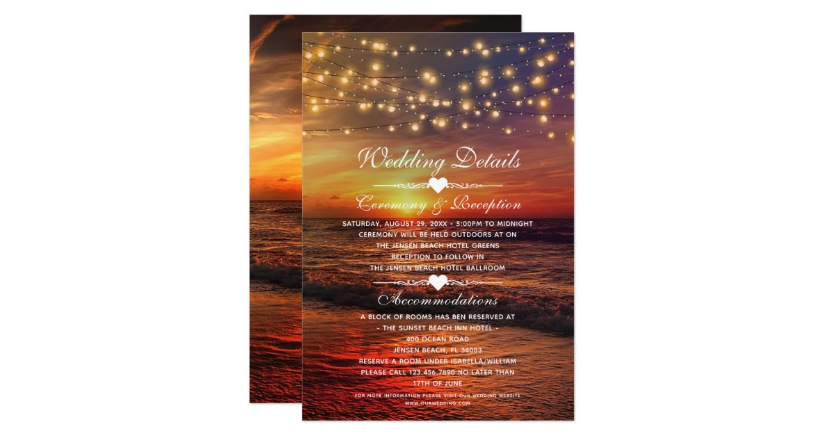 Elegant Sunset Beach Summer Wedding Details Card | Zazzle.com