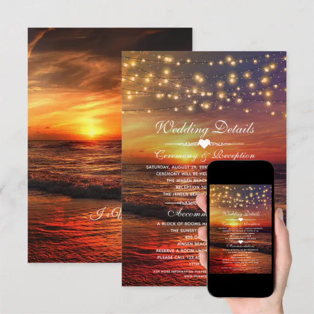 Elegant Sunset Beach Summer Wedding Details Card | Zazzle