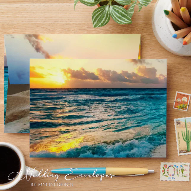 Elegant Sunset Beach Summer Wedding Envelope | Zazzle