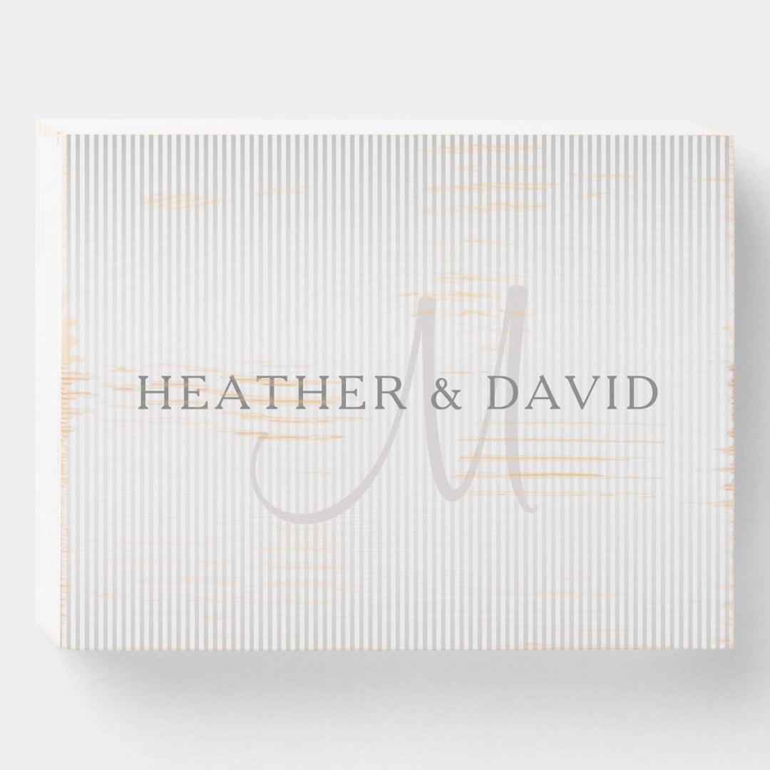 Elegant Surname Monogram & Thin Grey Stripes Wooden Box Sign | Zazzle