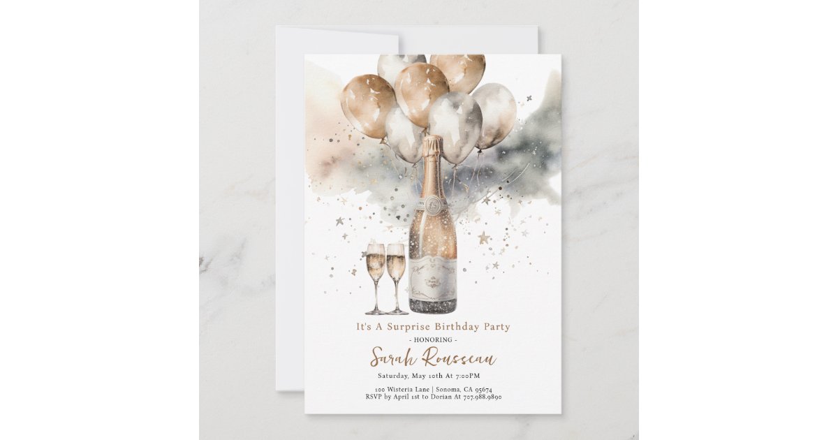 Elegant Surprise Birthday Party Champagne Invitation | Zazzle