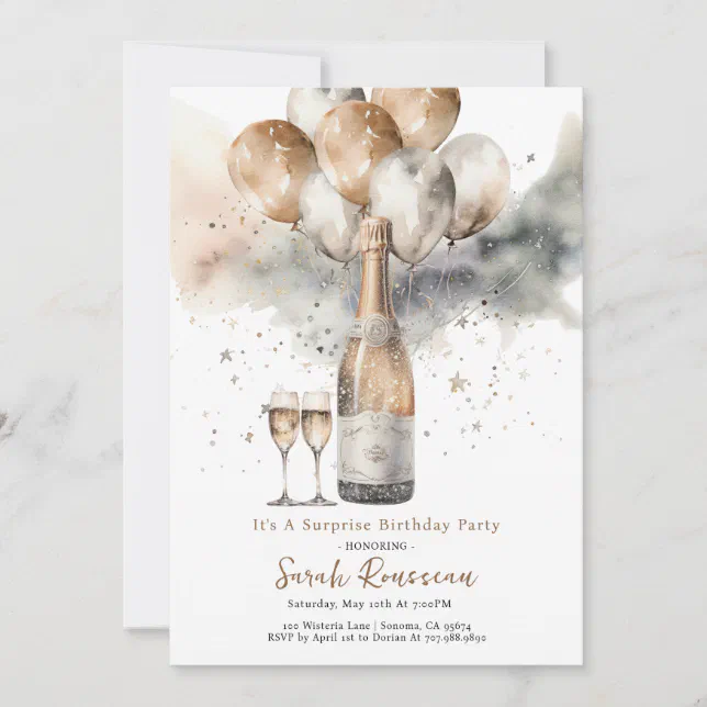 Elegant Surprise Birthday Party Champagne Invitation | Zazzle