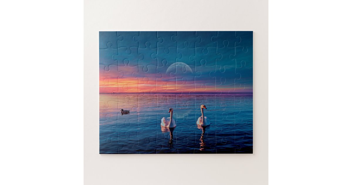 Elegant Swans Water Sunset Jigsaw Puzzle | Zazzle