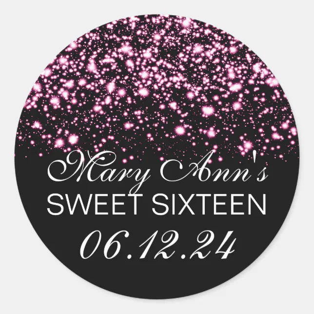 Elegant Sweet 16 Birthday Midnight Glam Pink Classic Round Sticker | Zazzle