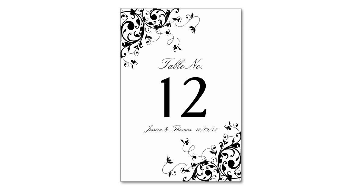 Elegant Swirls Black & White Wedding Table Number | Zazzle