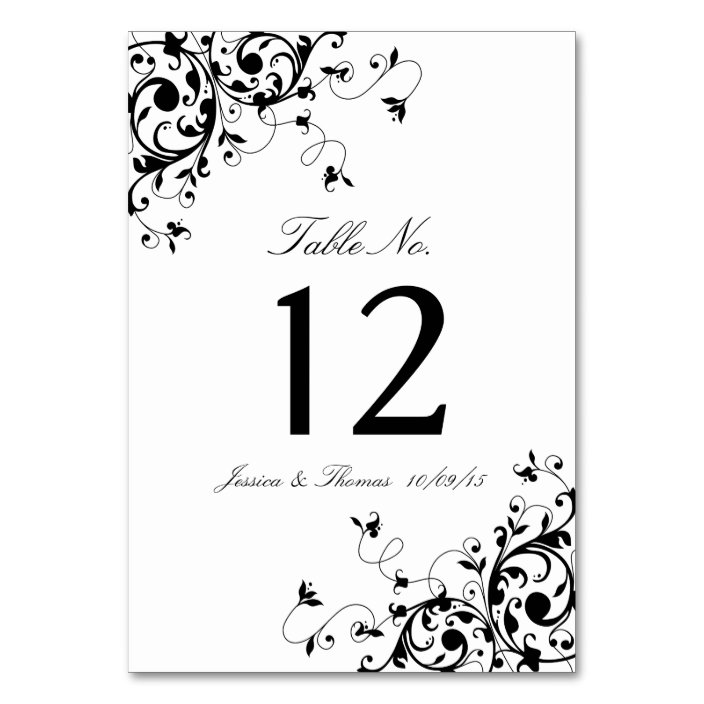 Elegant Swirls Black & White Wedding Table Number | Zazzle.com