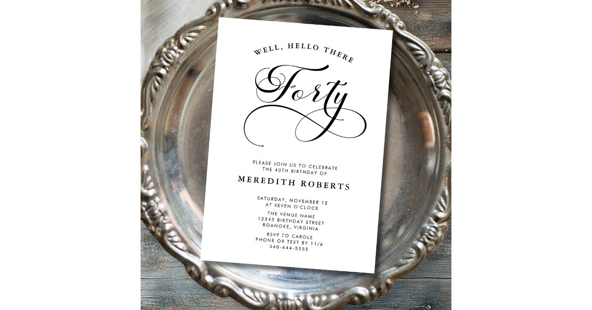 Elegant Swirly Calligraphy 40th Birthday Party Invitation | Zazzle