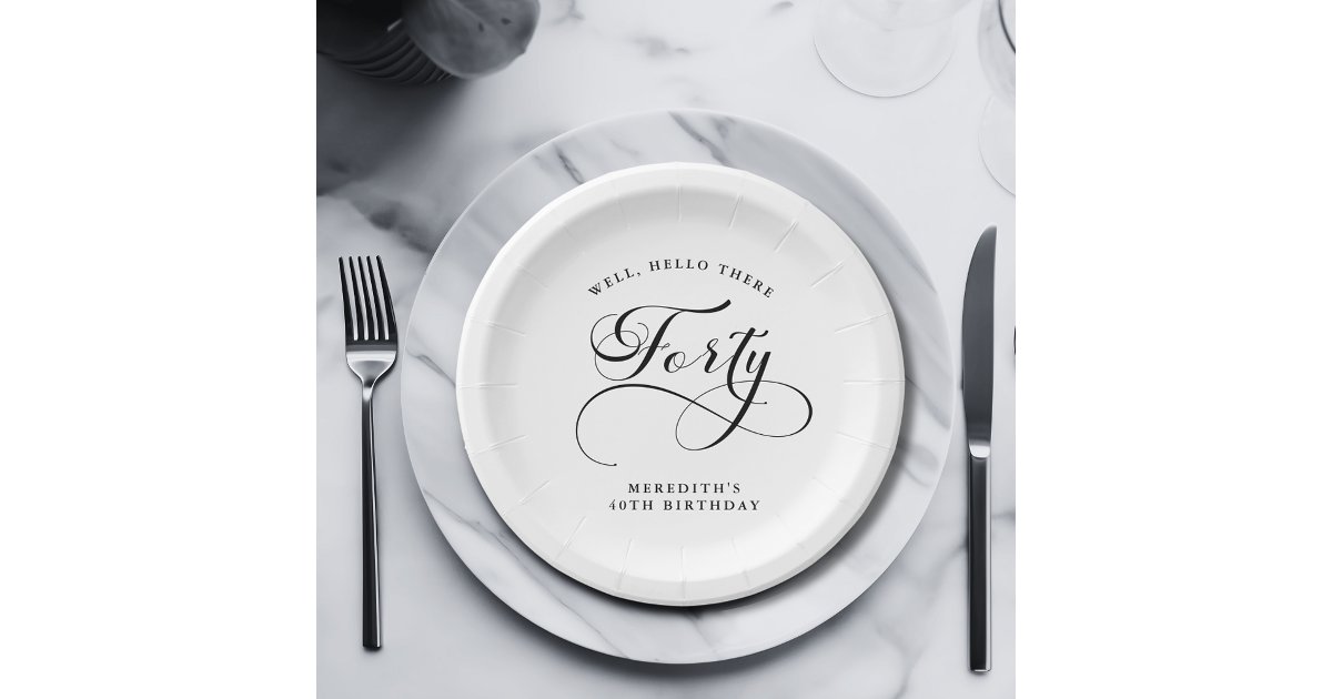 Elegant Swirly Calligraphy 40th Birthday Party Paper Plates | Zazzle
