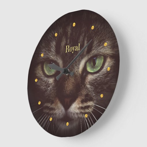 Elegant tabby cat and golden dots large clock | Zazzle
