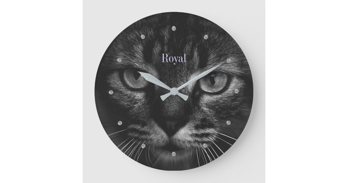Elegant tabby cat on silver grey shades large clock | Zazzle