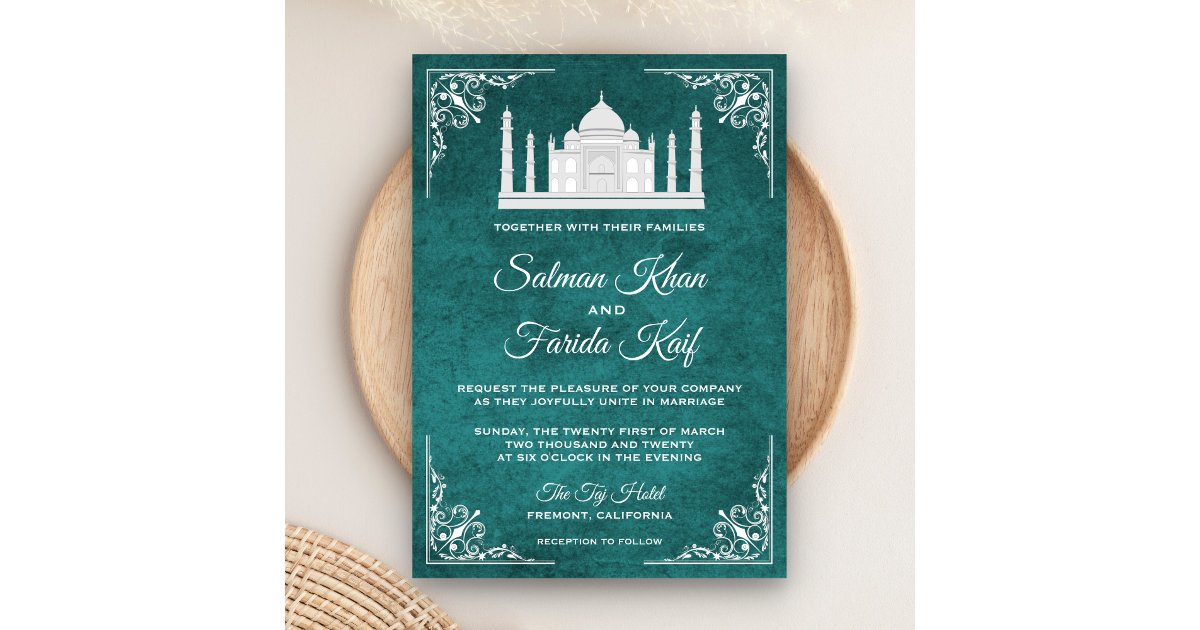 Elegant Taj Mahal Teal Arabian Wedding Invitation | Zazzle