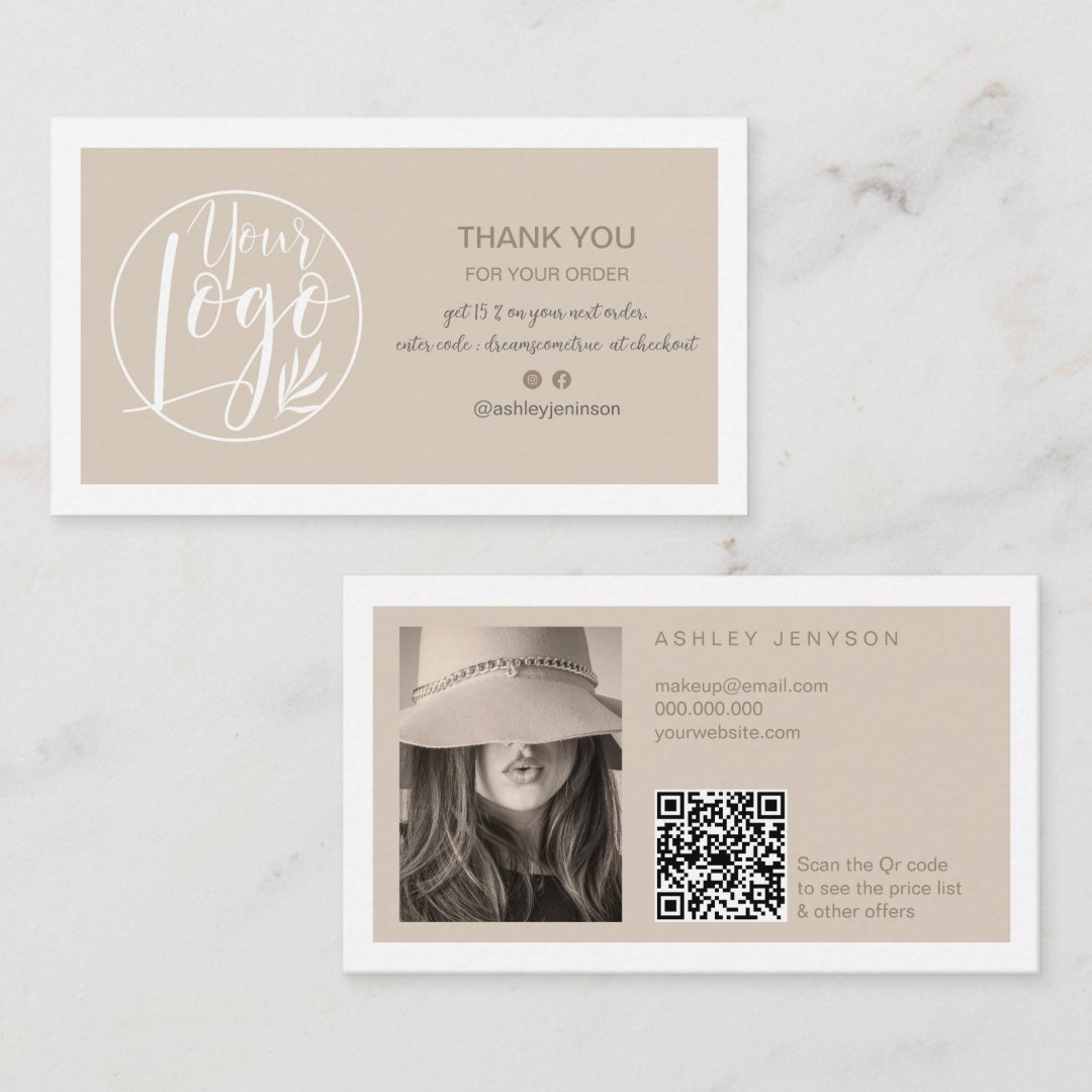 Elegant tan minimalist logo Qr order thank you Business Card | Zazzle